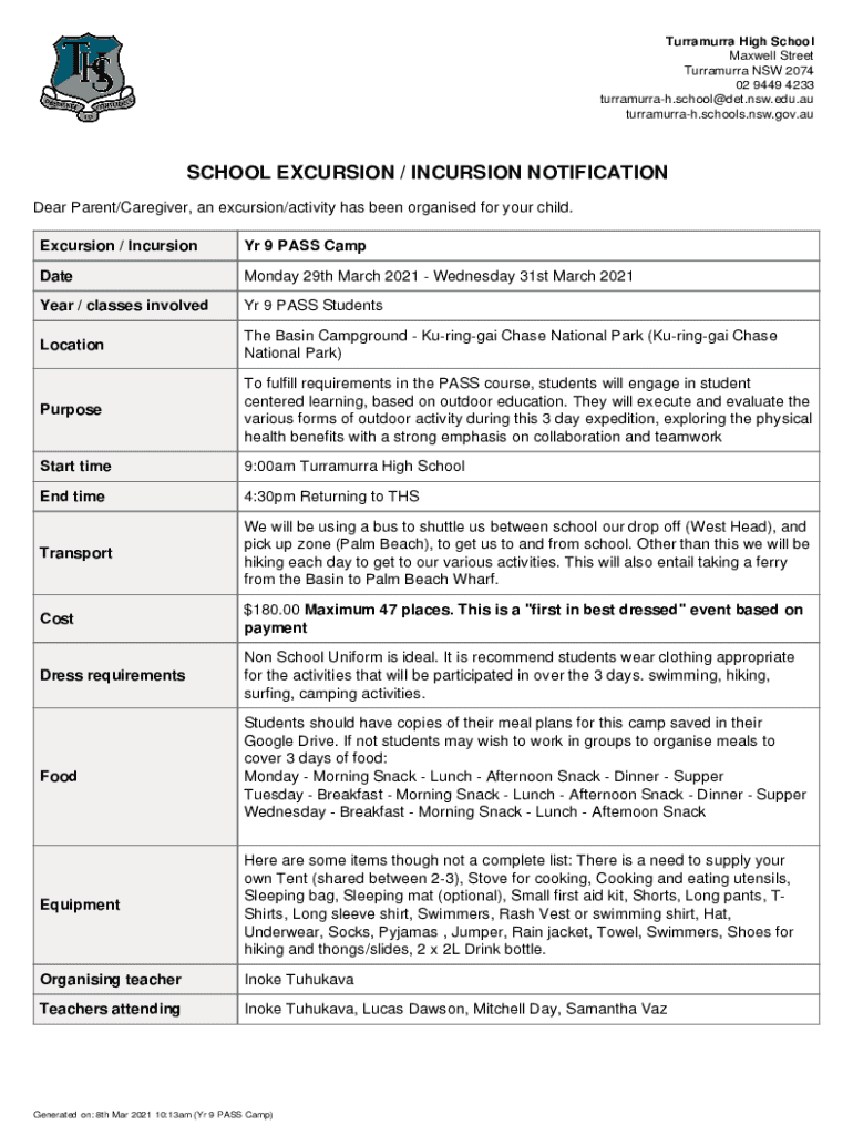 Fillable Online Yr 9 Pass Camp Excursion Notification Fax Email Print - pdfFiller