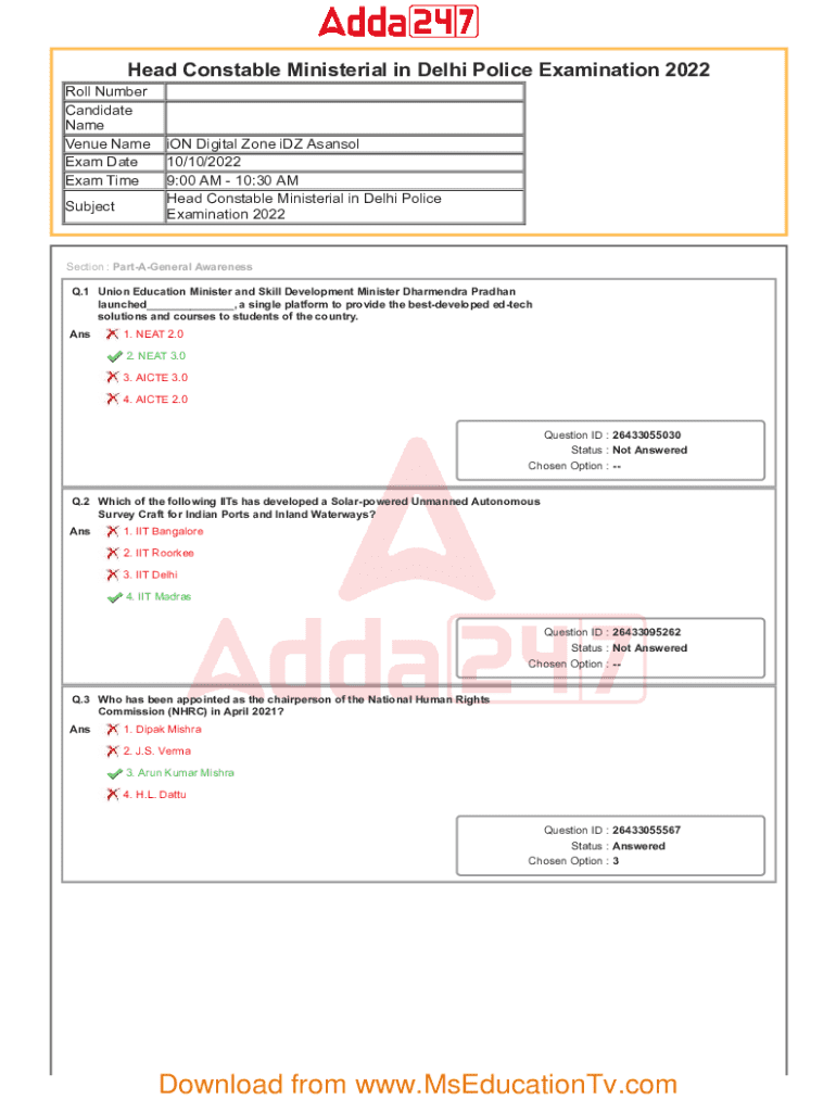 Fillable Online Head Constable (Ministerial) in Delhi Police Examination, ... Fax Email Print ...
