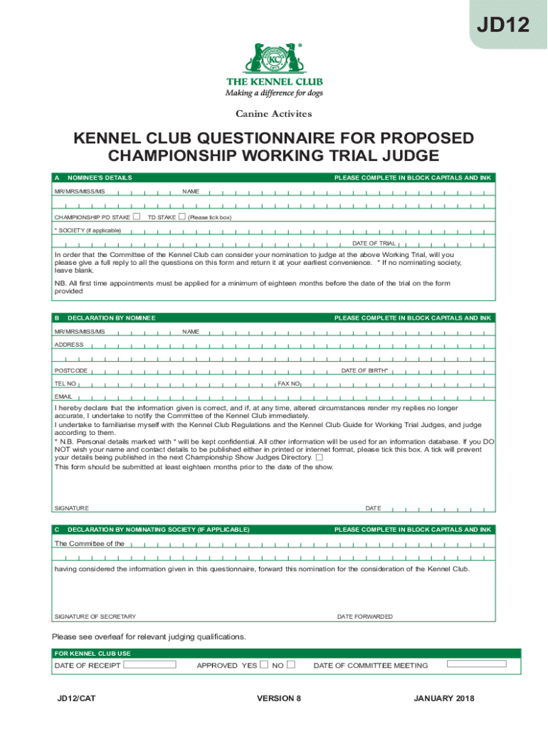 Fillable Online Kennel Club Working Trial Judge Nomination ...