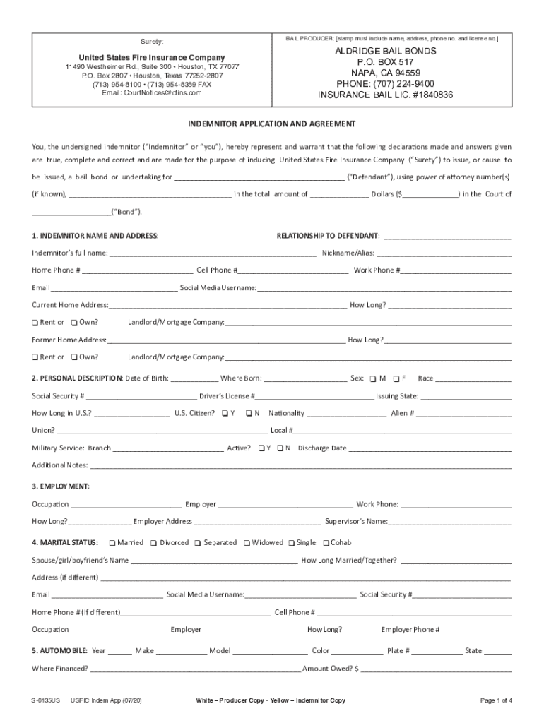 Fillable Online Indemnitor Application and Agreement for Bail Bond Fax Email Print - pdfFiller