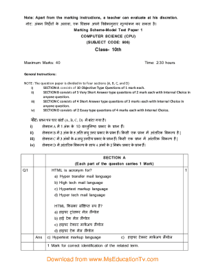 Fillable Online Marking Scheme for Computer Science (cpu) Class 10th ...