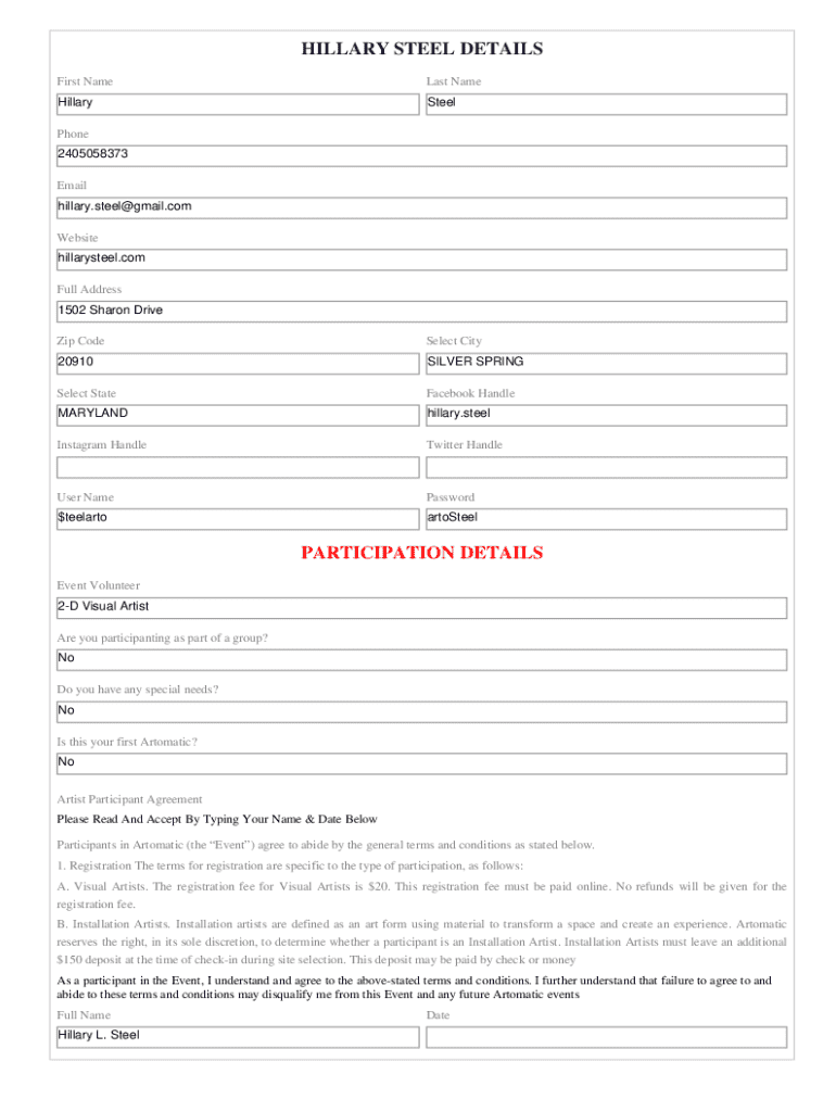 Fillable Online Artomatic Participation Details for Hillary Steel Fax Email Print - pdfFiller