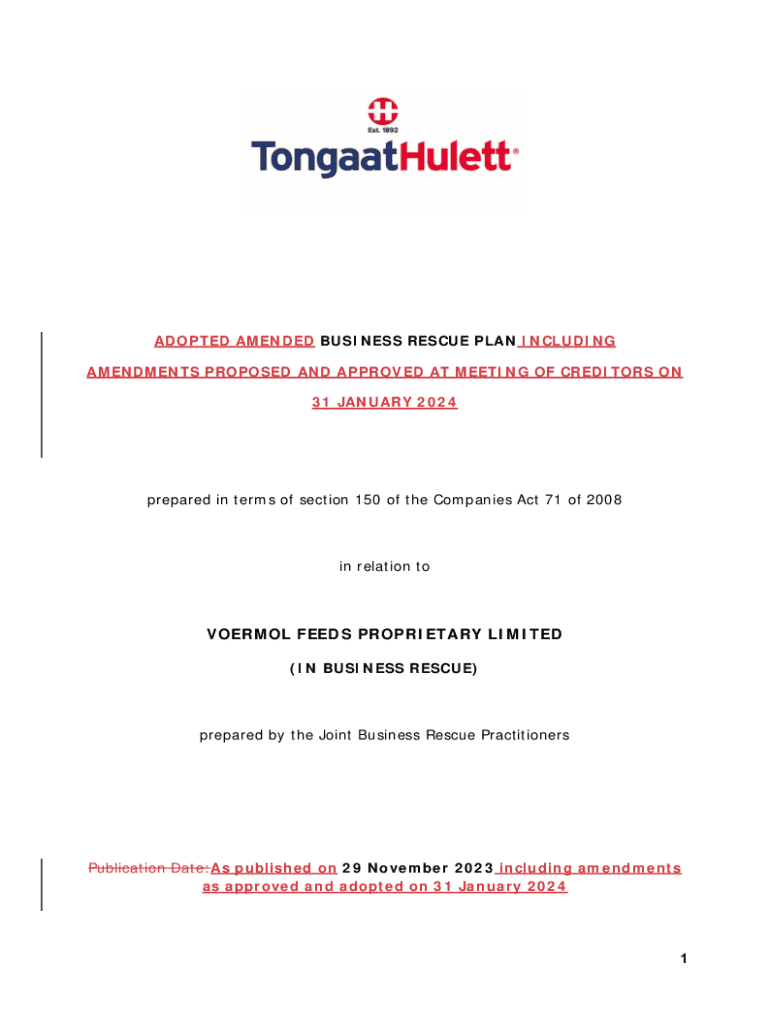 Fillable Online Adopted Amended Business Rescue Plan for Voermol Feeds ...