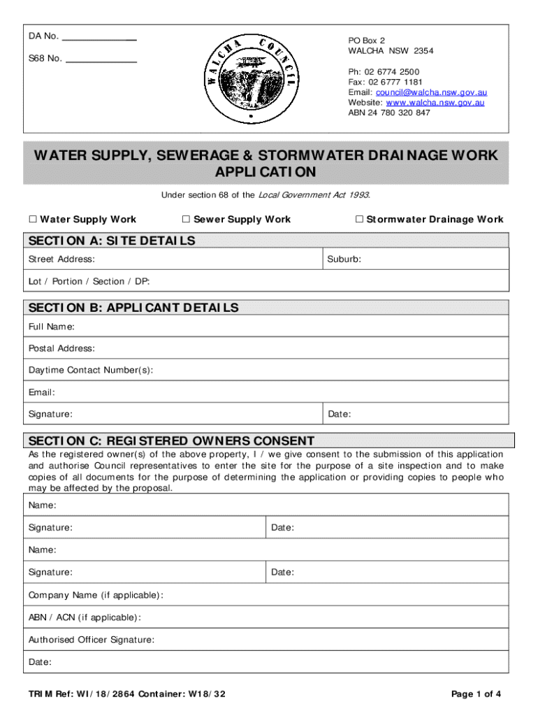 Fillable Online S68 Water Supply Sewerage and Stormwater Drainage Work ...