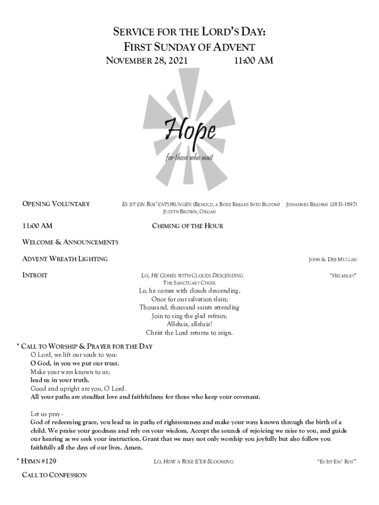 Fillable Online first sunday of advent - november 28, 2021 11:00 am Fax ...