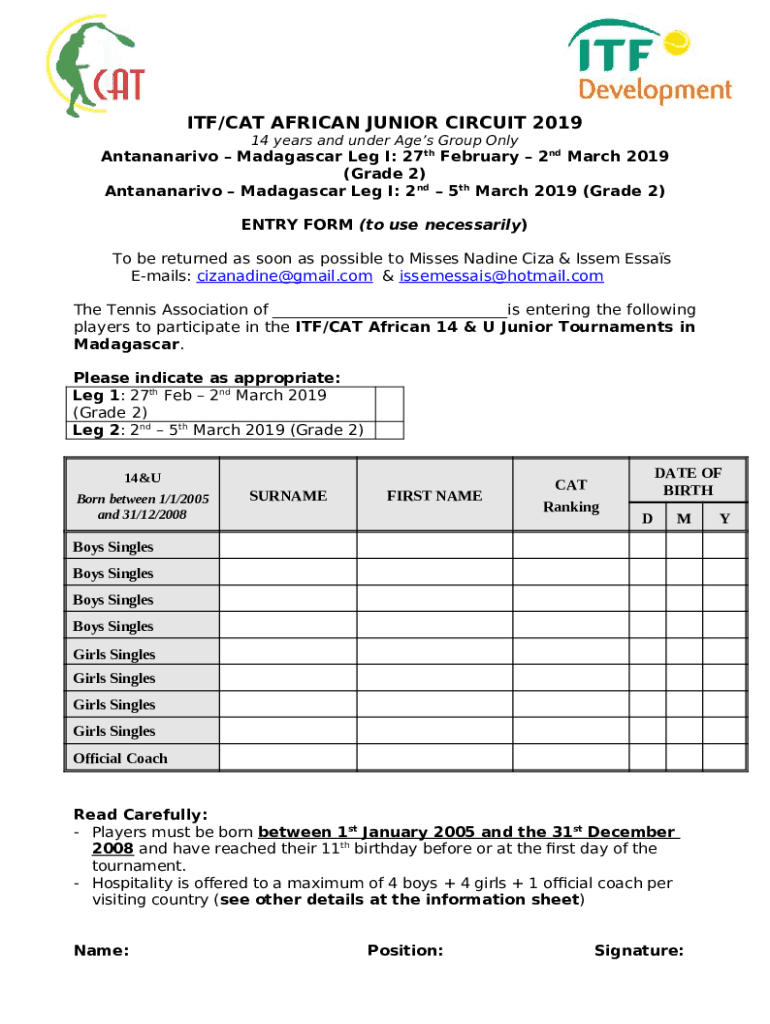 Itf/cat African Junior Circuit 2019 Entry Doc Template | pdfFiller