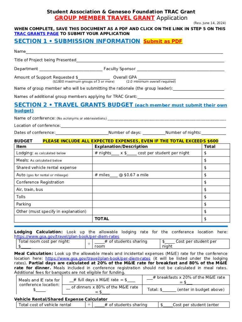 Group Member Travel Grant Application Doc Template | pdfFiller