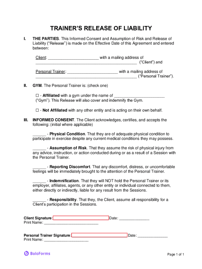 Fillable Online Fillable Personal Trainer Waiver and Release Form Fax ...