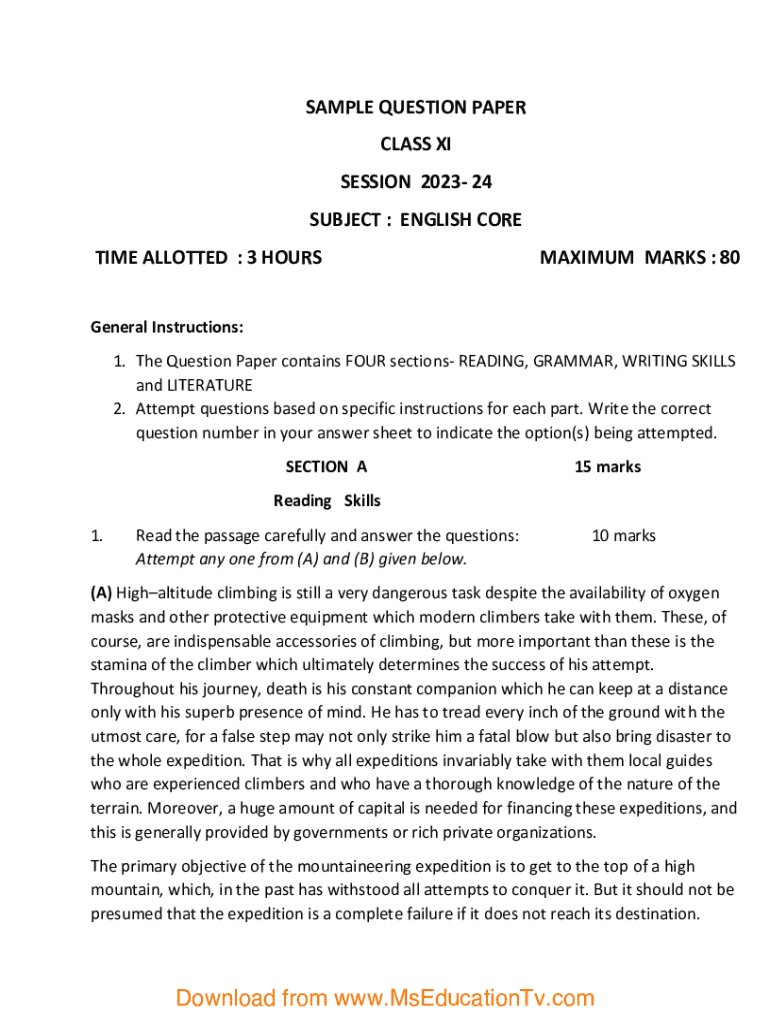 Fillable Online English Core Class Xi Question Paper Fax Email Print ...