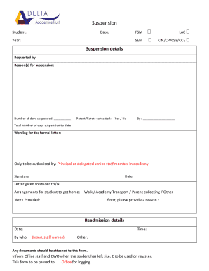 Fillable Online Student Suspension and Reintegration Form Fax Email ...