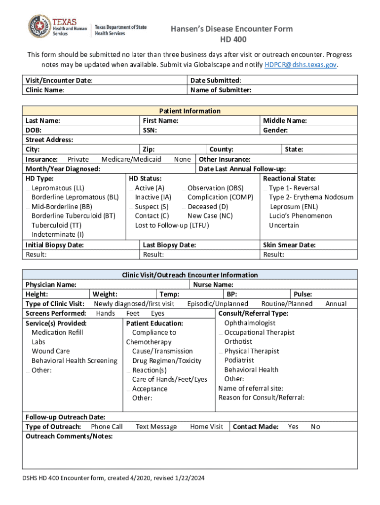 Fillable Online Hansen\'s Disease Encounter Form - HD-400 Fax Email ...