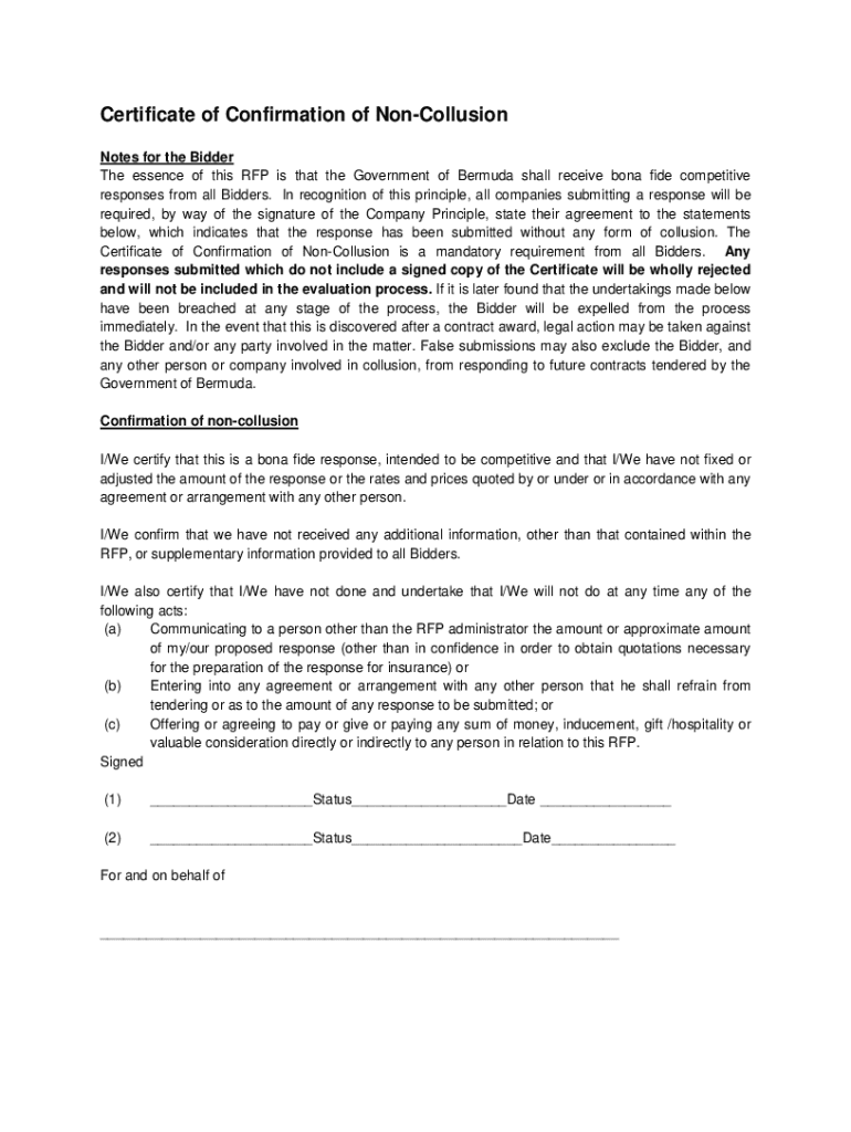 Fillable Online Certificate of Confirmation of Non-Collusion Fax Email ...
