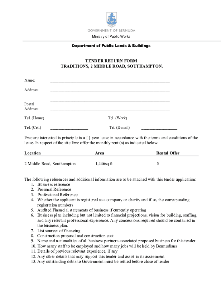 Fillable Online tender return form traditions, 2 middle road ...