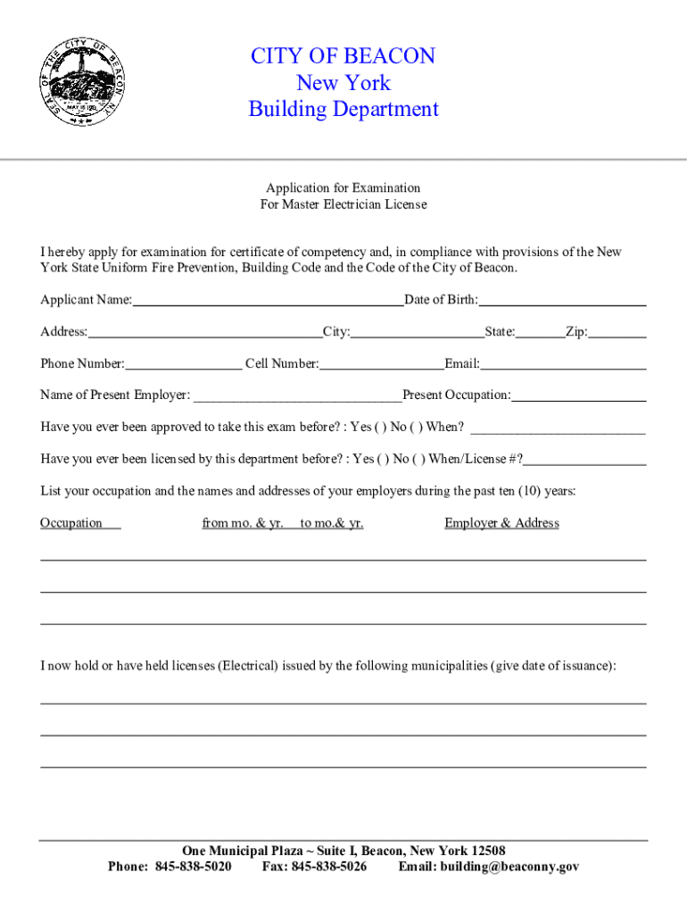 Fillable Online Application for Master Electrician License Examination ...