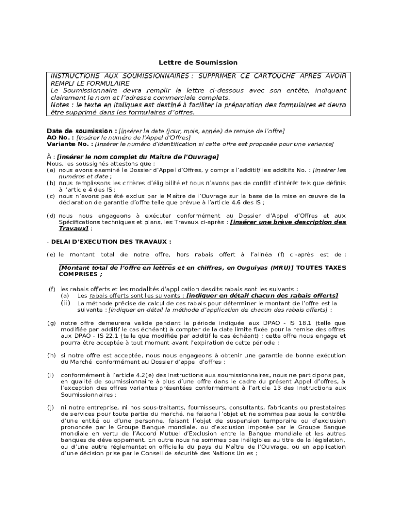 Lettre de SoumissionPDF Doc Template | pdfFiller