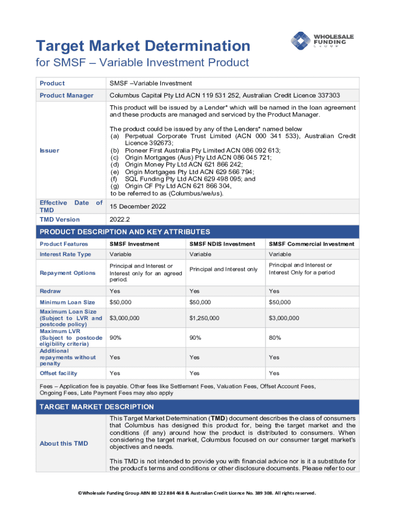 Fillable Online Target Market Determination for Smsf – Variable ...