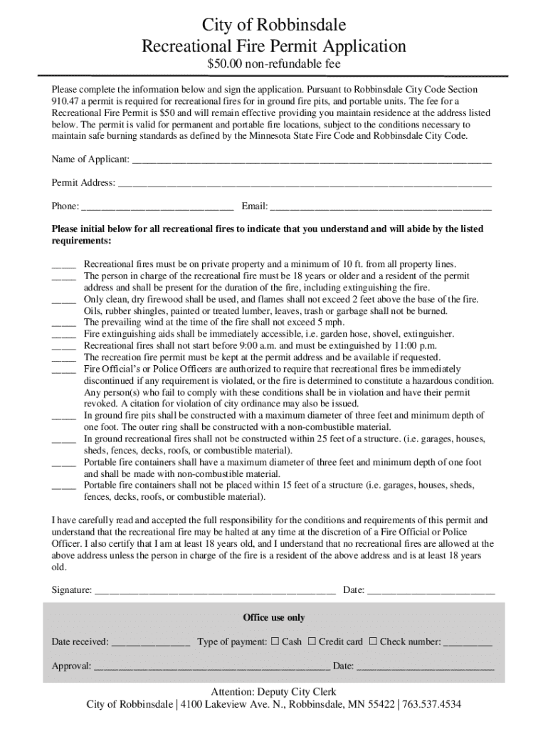 Fillable Online City of Robbinsdale Recreational Fire Permit ...