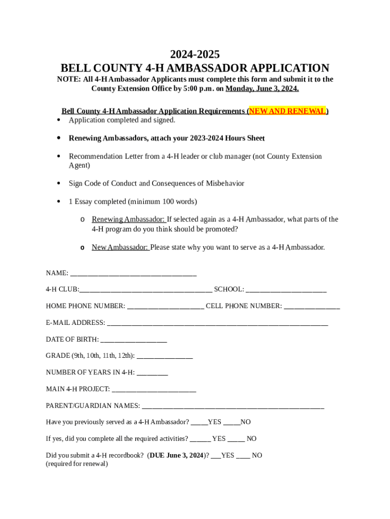 2024-2025 bell county 4-h ambassador application Doc Template | pdfFiller