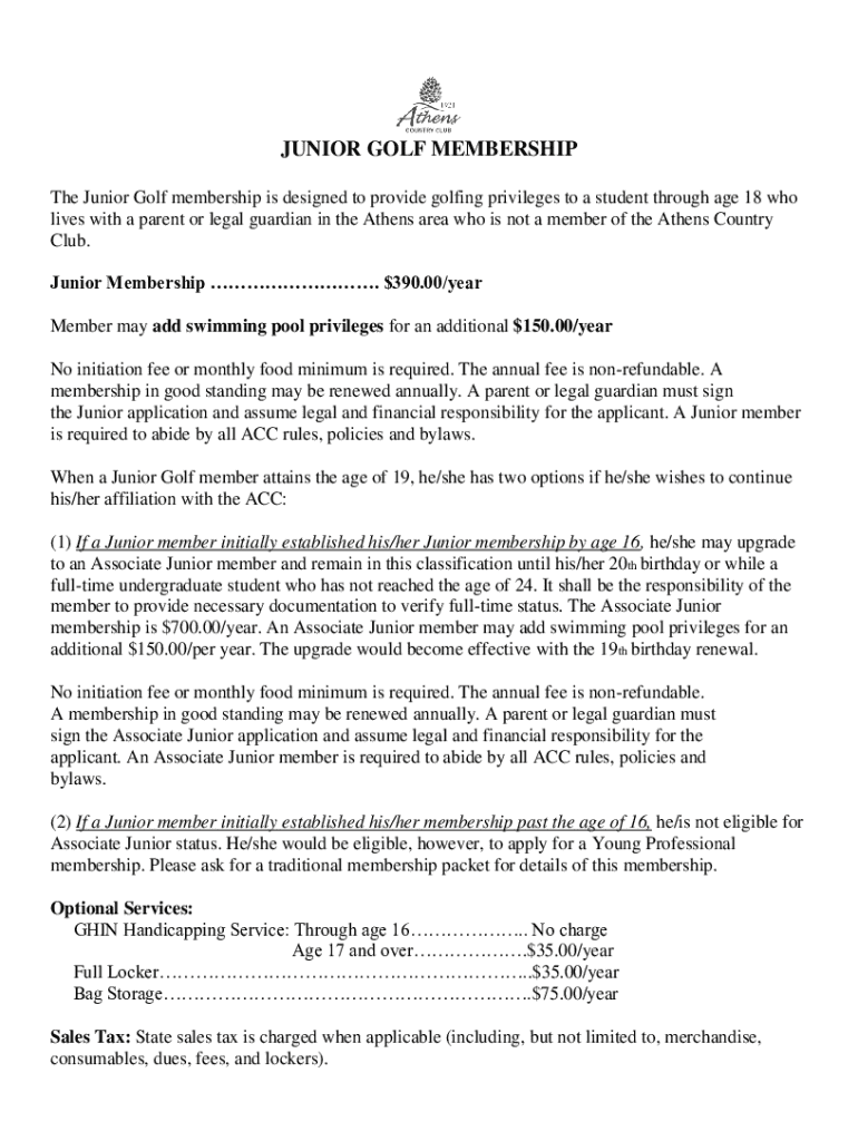 Fillable Online JUNIOR GOLF MEMBERSHIP Fax Email Print - pdfFiller