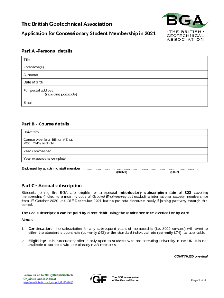 Application for Concessionary Student Membership Doc Template | pdfFiller