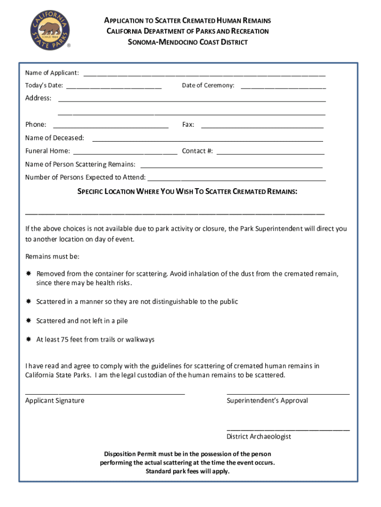 Fillable Online application to scatter cremated human remains ...