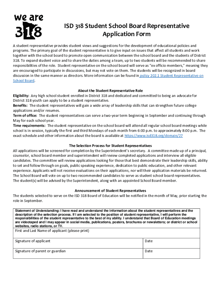 Fillable Online Isd 318 Student School Board Representative Application ...