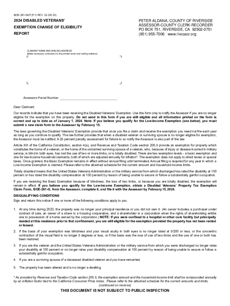 Fillable Online 2024 Disabled Veterans’ Exemption Change of Eligibility ...