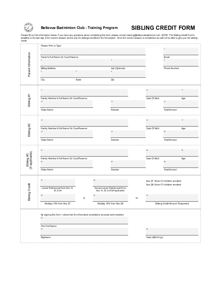 Fillable Online Sibling Credit Form for Bellevue Badminton Club Fax ...