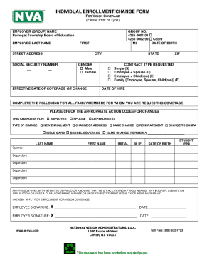 Fillable Online Individual Enrollment/change Form for Vision Coverage Fax Email Print - pdfFiller