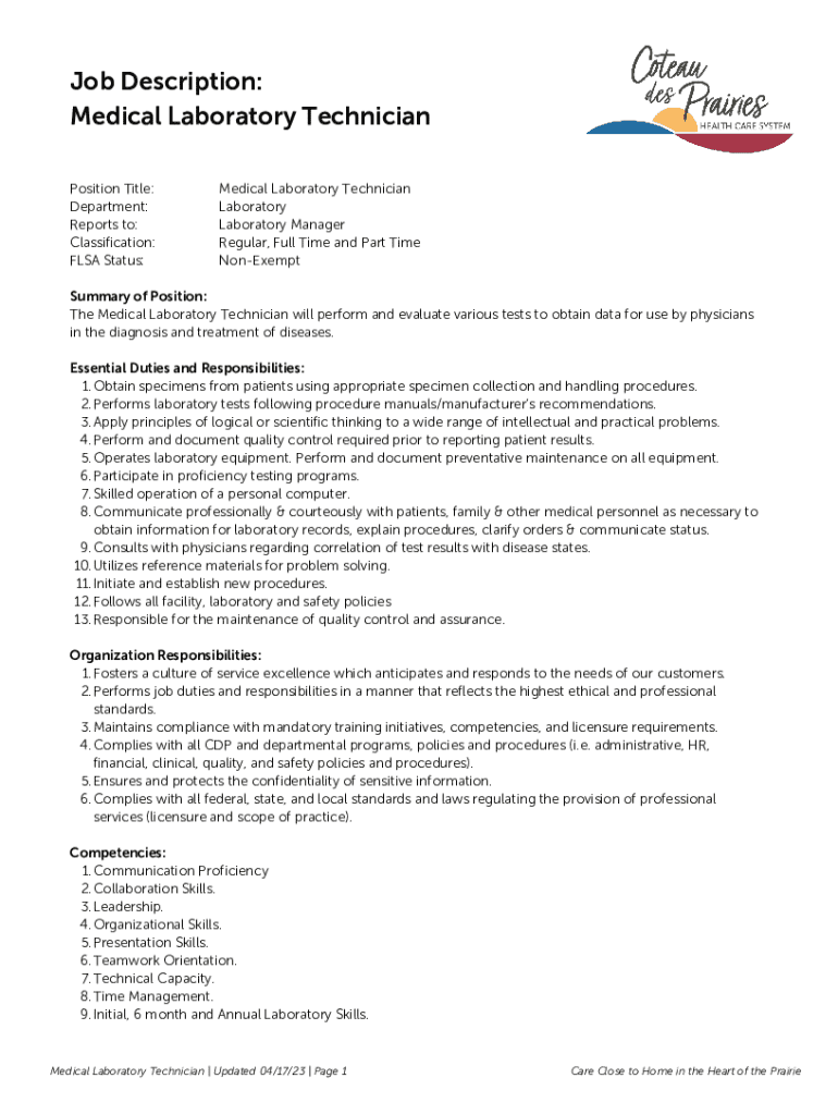 Fillable Online Medical Laboratory Technician Job Description Template ...