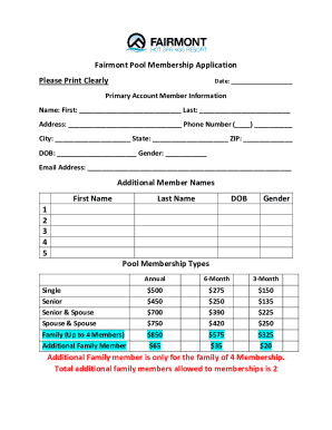 Fillable Online Fairmont Pool Membership Application Form Fax Email ...