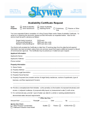 Fillable Online Water and Sewer Availability Certificate Request Fax ...