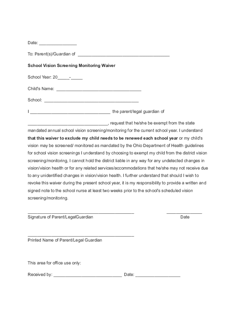 Fillable Online School Vision Screening Monitoring Waiver Fax Email ...