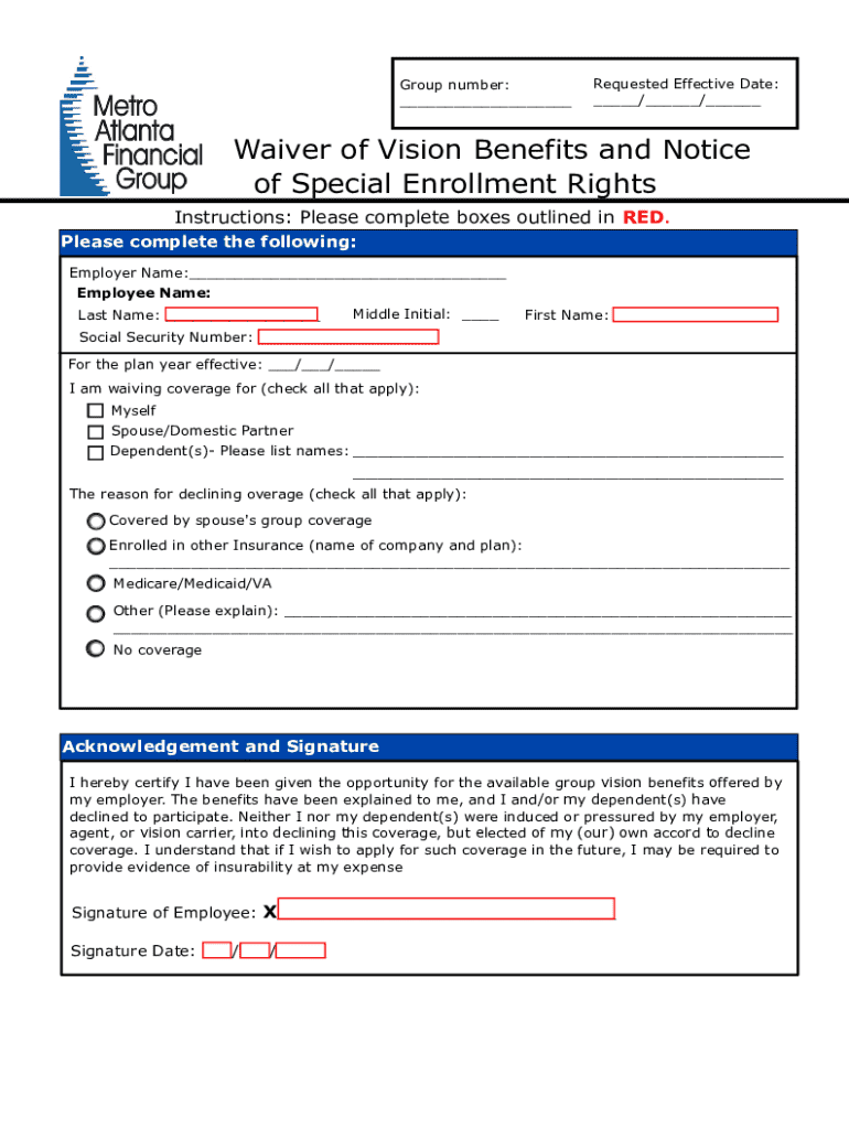 Fillable Online Waiver of Vision Benefits and Notice of Special ...