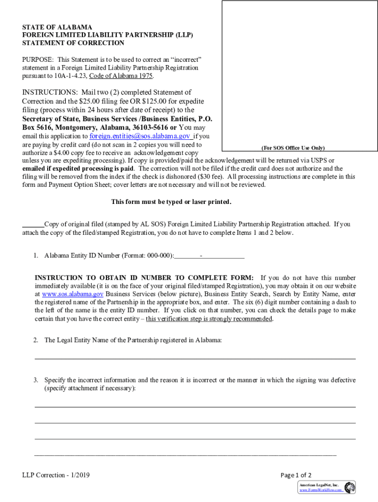 Fillable Online Statement of Correction for Foreign Llp Fax Email Print ...