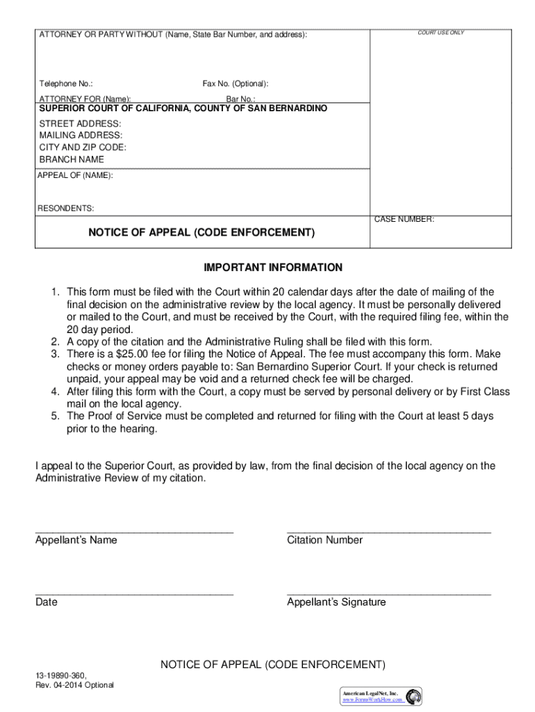 Fillable Online Notice of Appeal (code Enforcement) Fax Email Print ...