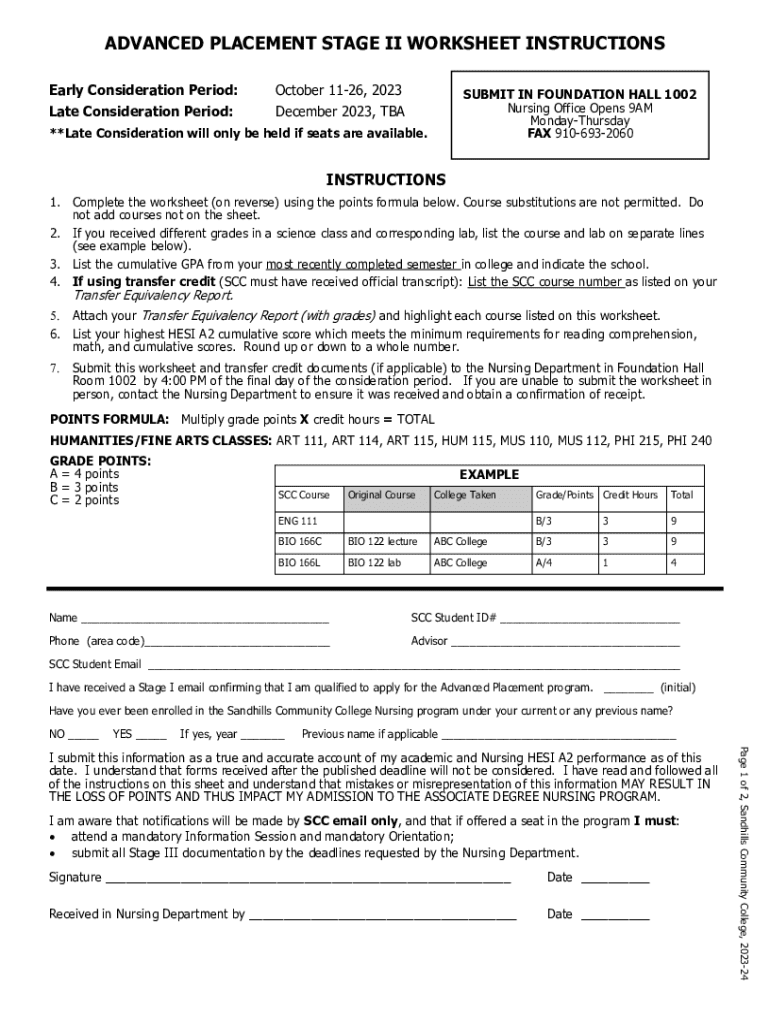 Fillable Online ADVANCED PLACEMENT STAGE II WORKSHEET ... Fax Email Print - pdfFiller