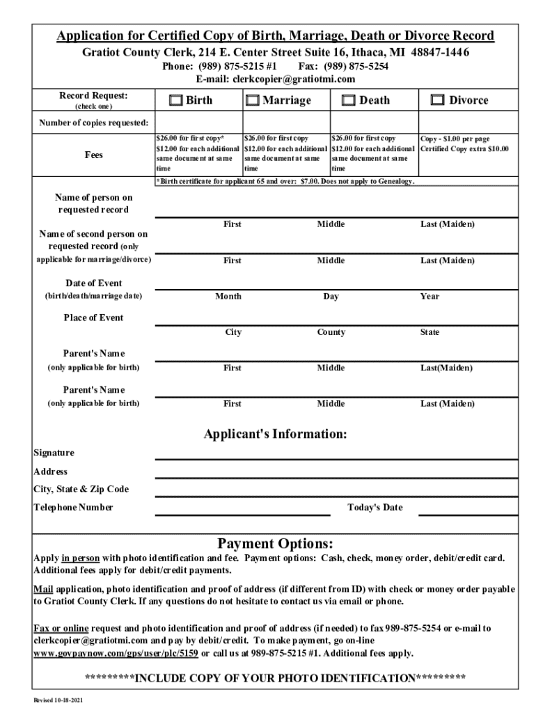 Fillable Online Application for Certified Copy of Birth, Marriage, Death or Divorce ... Fax ...