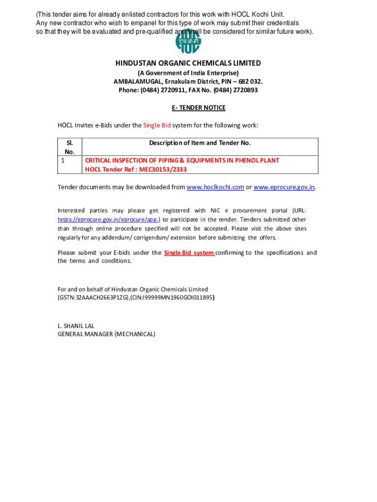 Fillable Online Hocl E-tender for Critical Inspection in Phenol Plant ...