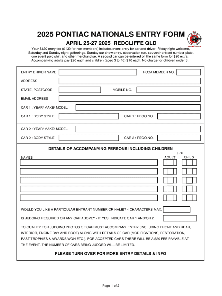 Fillable Online 2025 PONTIAC NATIONALS ENTRY FORM Fax Email Print - pdfFiller