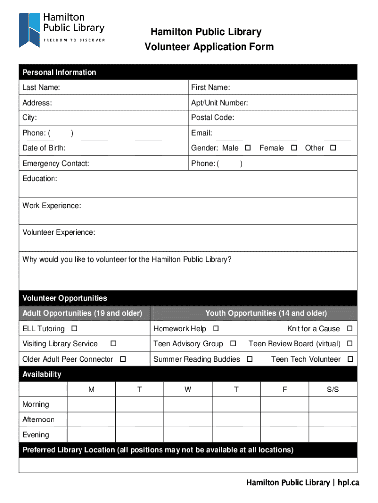 Fillable Online Hamilton Public Library Volunteer Application Fax Email ...