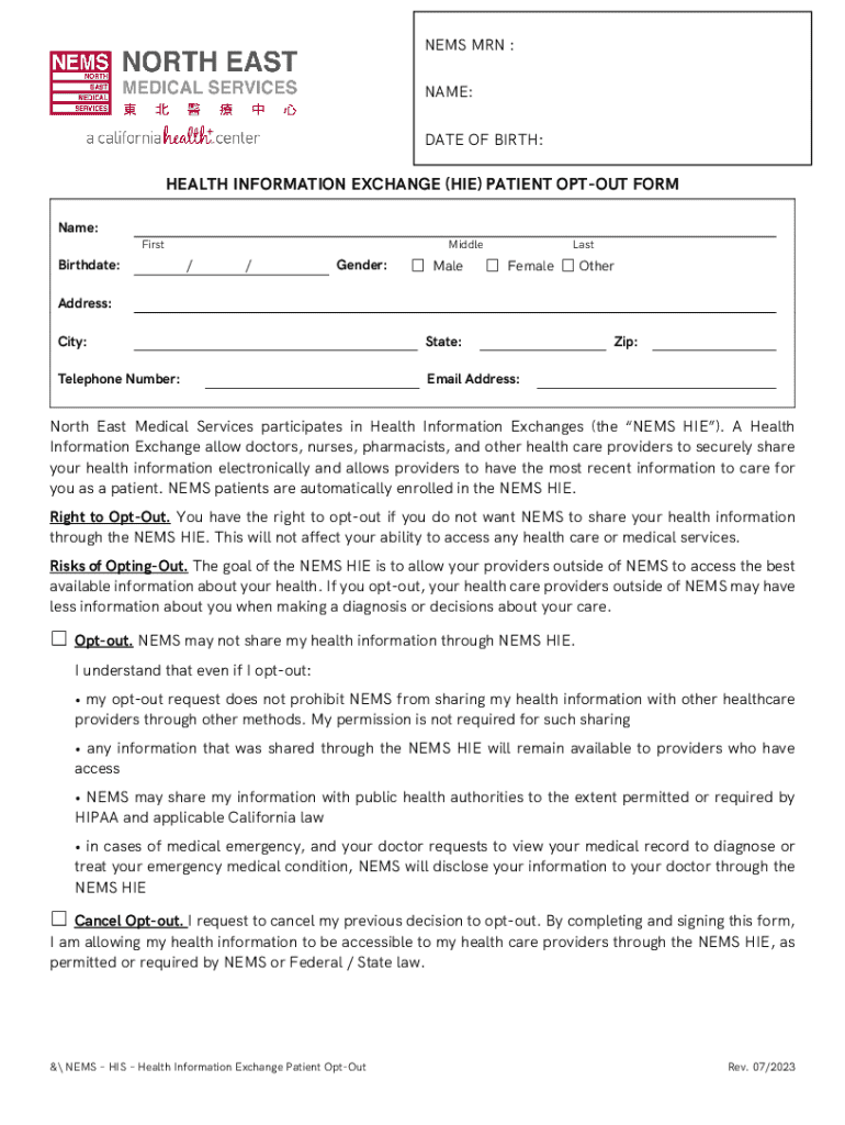 Fillable Online City: State: ZIP: Health Information Exchange Opt-Out Form ... Fax Email Print ...