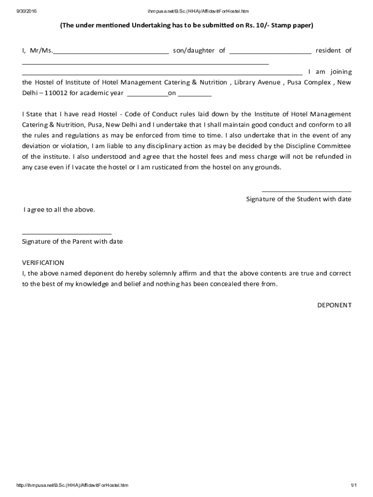 Fillable Online Hostel Admission Affidavit Fax Email Print - pdfFiller