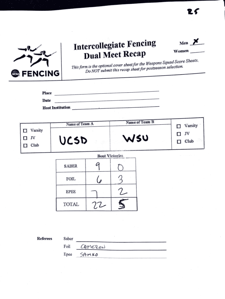 Fillable Online Fencing Dual Meet Scoresheet for Men and Women Fax ...