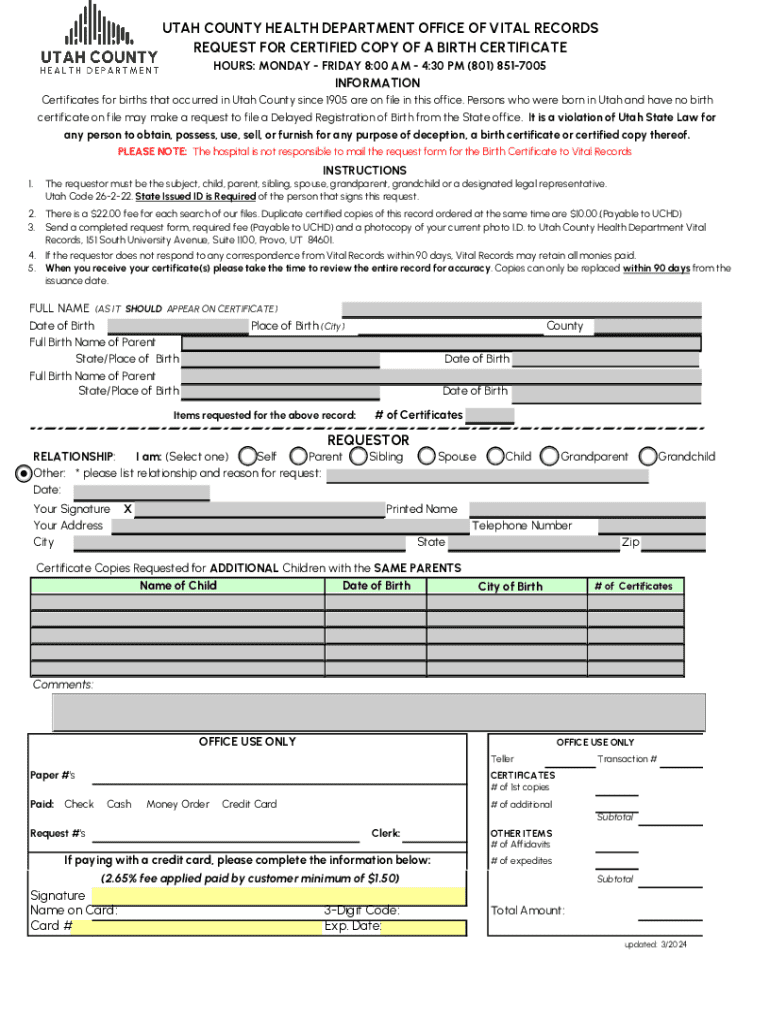 Fillable Online Utah County Health Department - Vital Records Request ...
