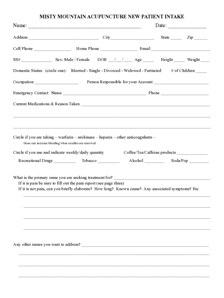 Fillable Online Misty Mountain Acupuncture New Patient Intake Fax Email ...