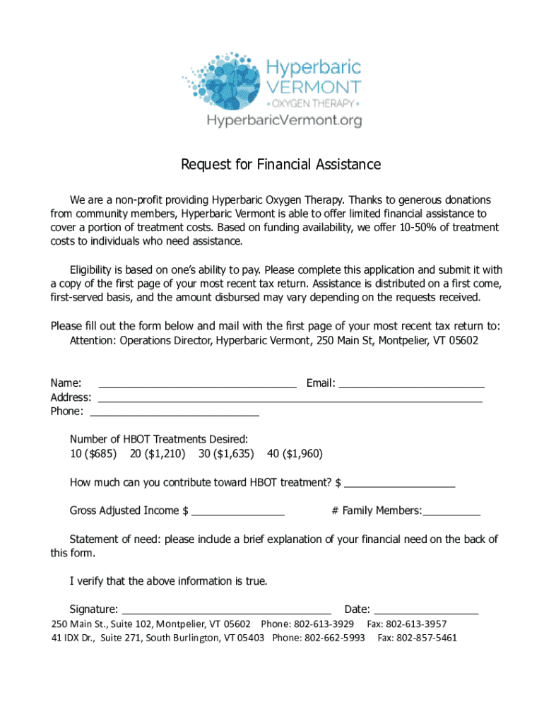 Fillable Online Hyperbaric Oxygen Therapy Financial Assistance ...