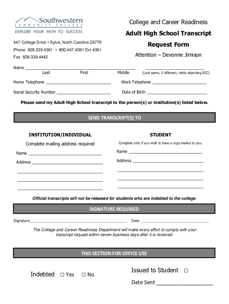 Fillable Online Request for Adult High School Transcript Fax Email ...