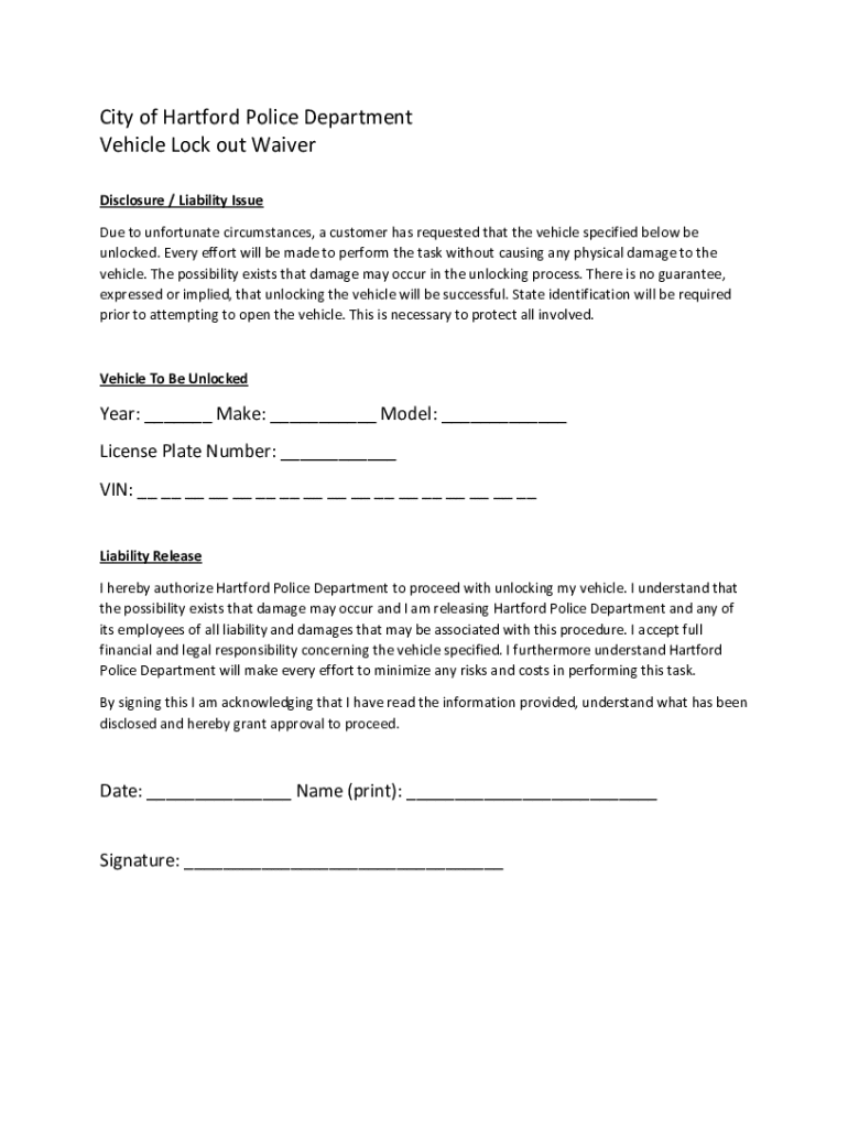 Fillable Online City of Hartford Police Department Vehicle Lock out ...