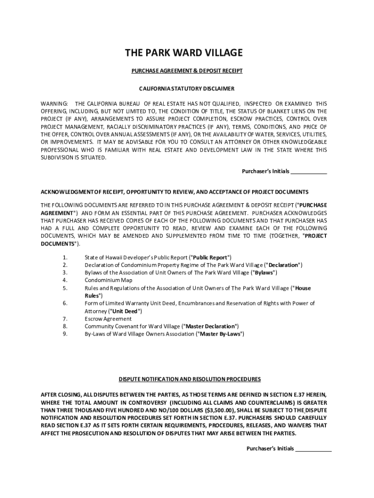 Fillable Online Purchase Agreement for the Park Ward Village Condominium Units Fax Email Print ...